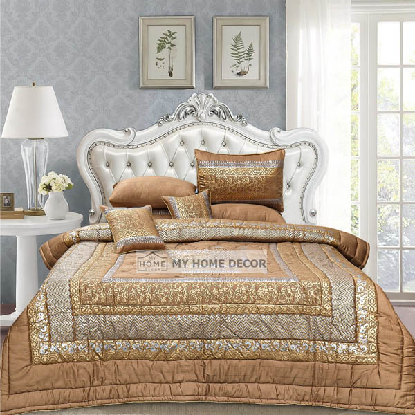 8 Pcs Bridal Bed Sheet Comforter Set Cotton Satin Block Printed Gold 8 Pcs Bridal Bed Sheet Comforter Set Cotton Satin Block Printed Gold