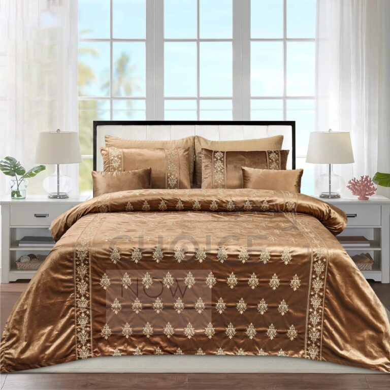 8 Pcs Bridal Velvet Bed Sheet Comforter Set - Mustard